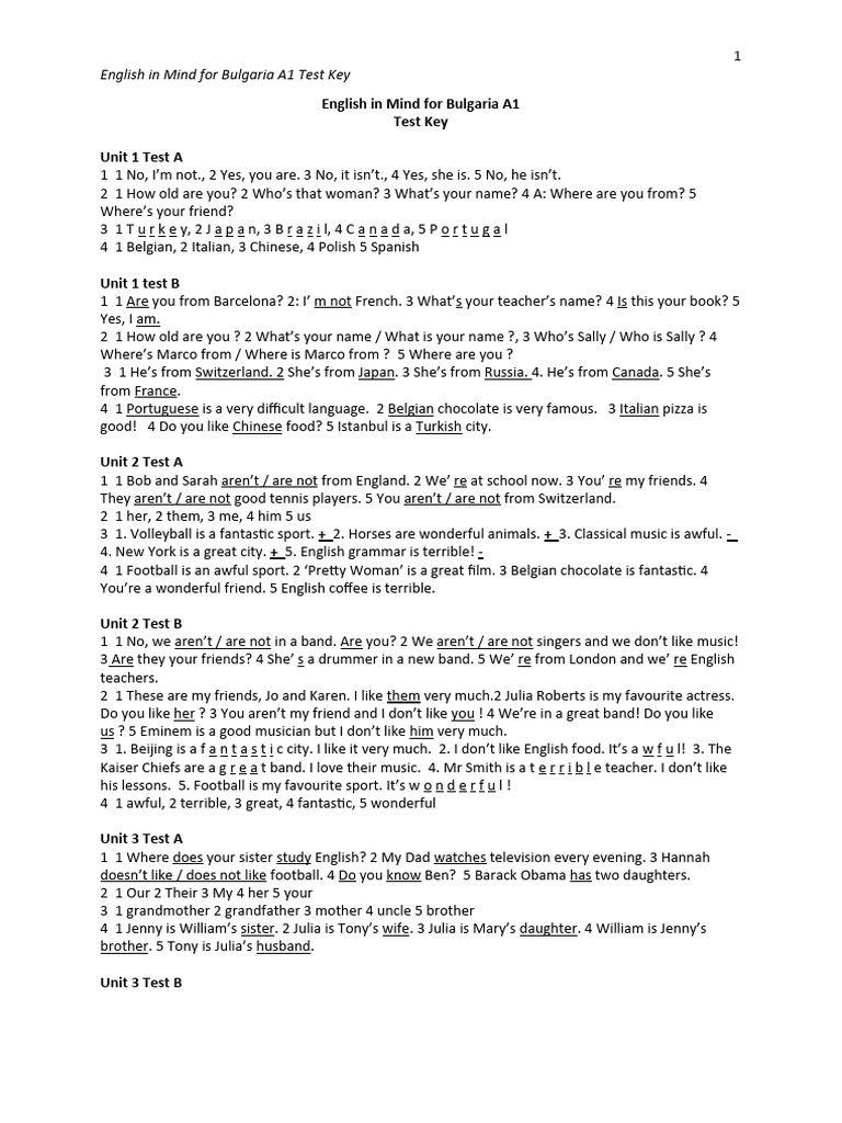 English in Mind A1 Unit Tests Key | PDF