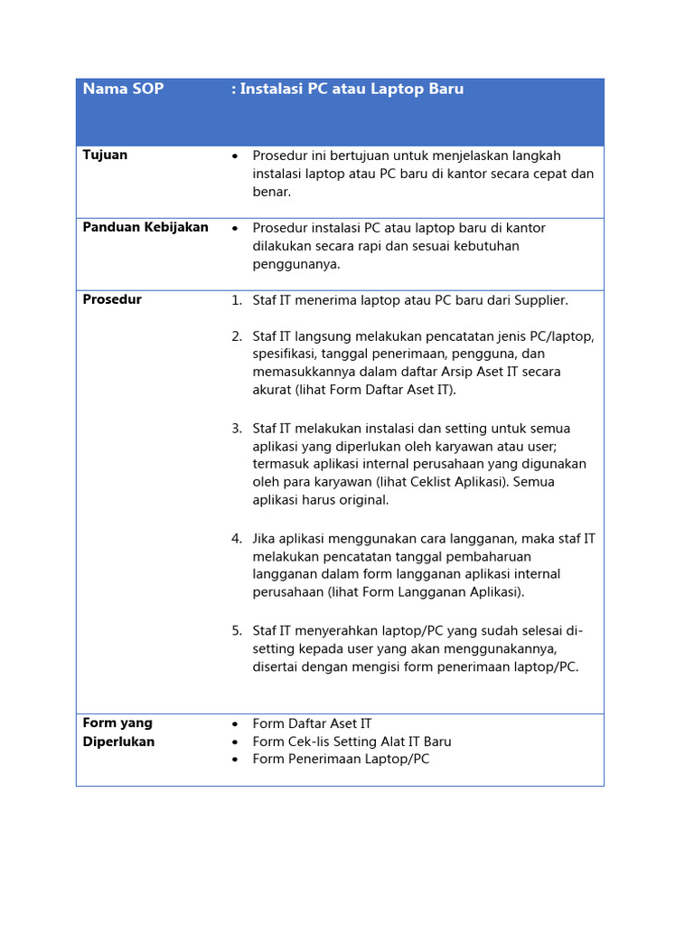 01 SOP Instalasi PC Atau Laptop Baru | PDF
