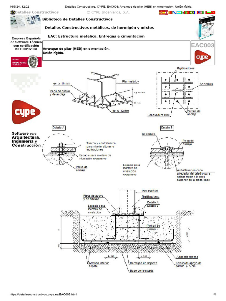 Detalles Constructivos. CYPE. EAC003 - Arranque de Pilar (HEB) en ...
