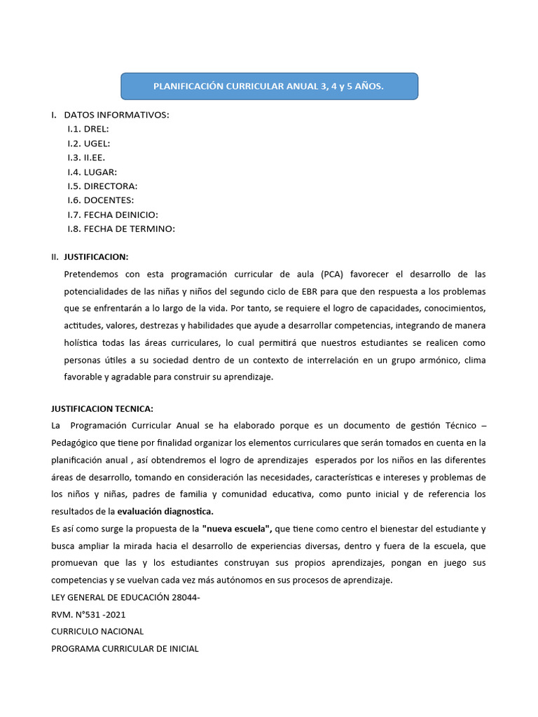 Planificación Curricular Anual 2024 Inicial | PDF | Aprendizaje | Evaluación