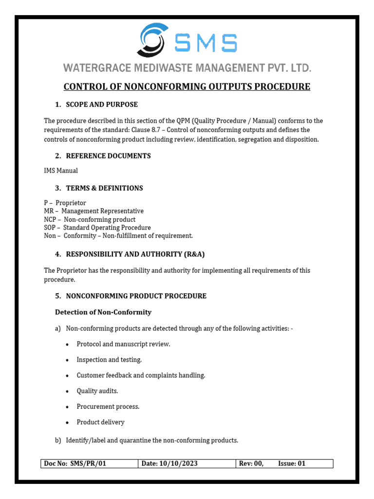 Nonconforming Outputs Control Procedure | PDF | Technology & Engineering