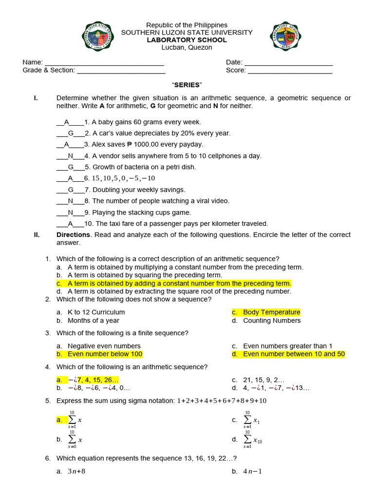 Series Quiz | PDF | Numbers | Arithmetic