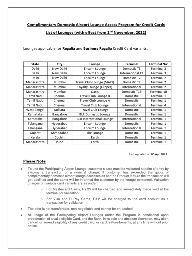 HDFC Regalia CC Lounge List | PDF | Airport Lounge | Banking Technology