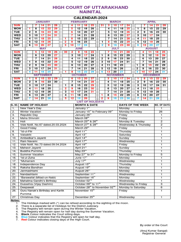 Final HIGH COURT CALENDAR 2024 - 2 | Download Free PDF | Observances ...