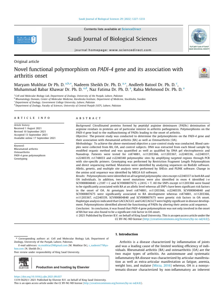 Novel Functional Polymorphism On PADI 4 Gene and I - 2022 - Saudi ...