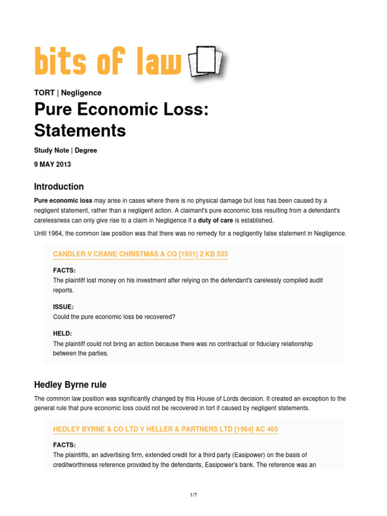 Pure Economic Loss Liability Statement | PDF | Negligence | Tort