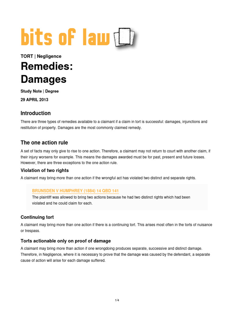 Remedies Damages Principles Special General | PDF | Damages | Tort