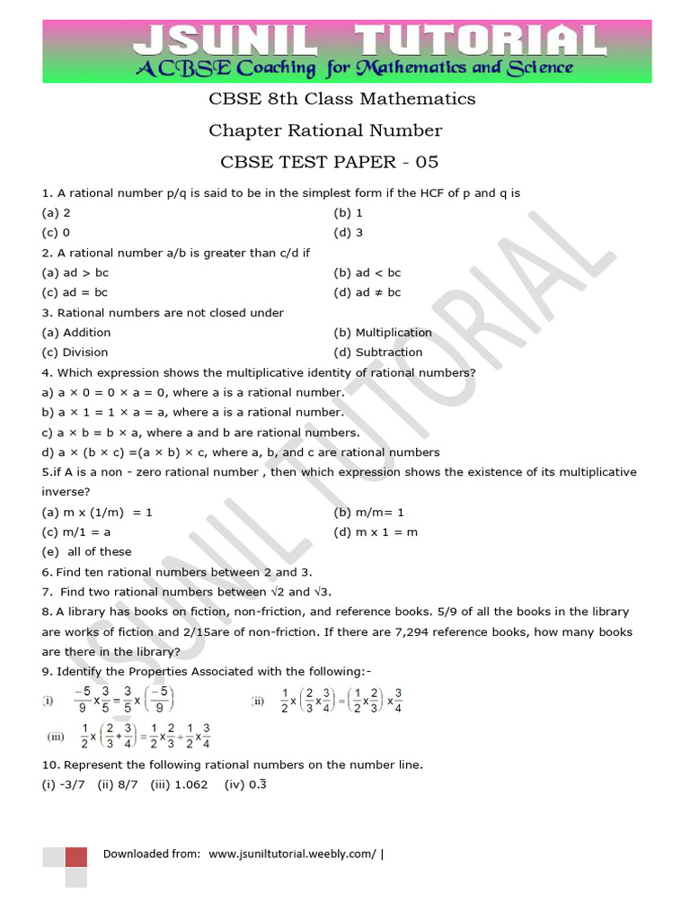 8th Rational Number Cbse Test Paper - 05 | PDF