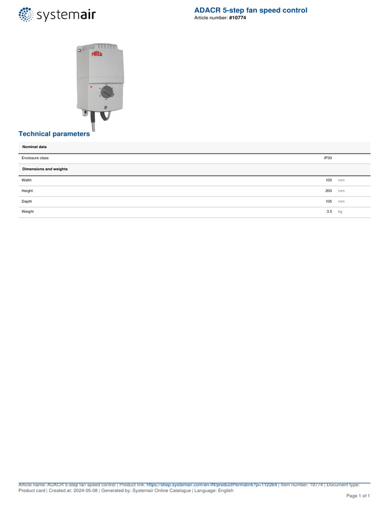 Systemair ADACR 5-Step Fan Speed Control | PDF