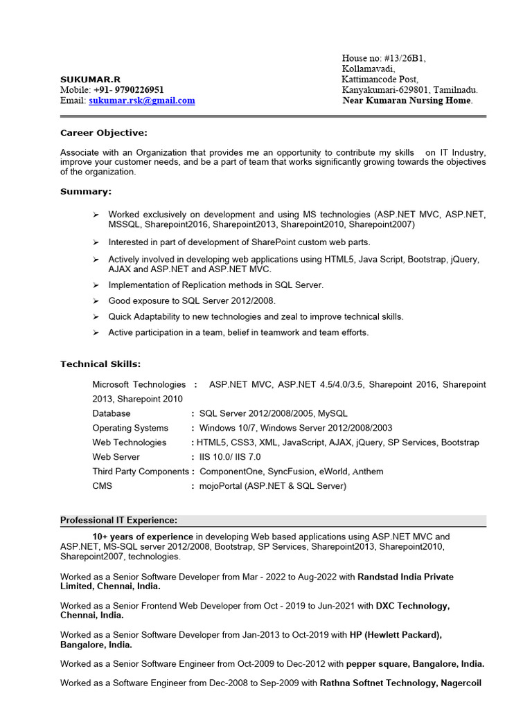 Sukumar Resume | PDF | Share Point | Microsoft Sql Server
