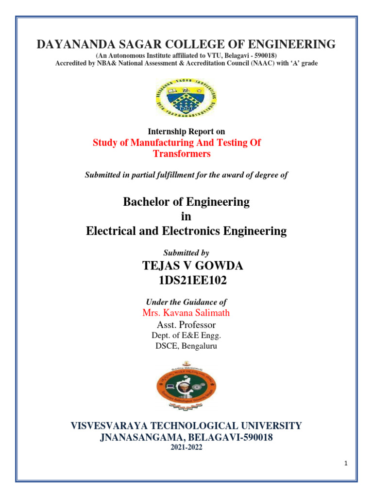 1st Year Intership Report Format 1DS21EE102 | PDF | Transformer ...