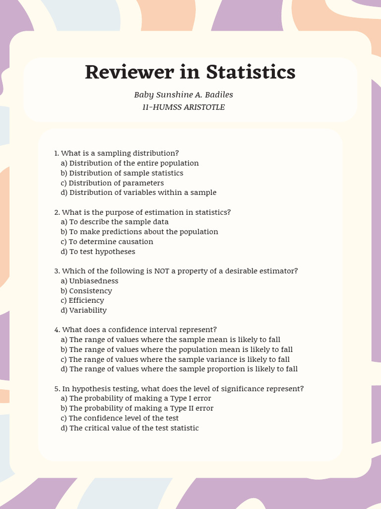 Stats Reviewer | PDF | Statistical Hypothesis Testing | Confidence Interval Stats Reviewer | PDF | Statistical Hypothesis Testing | Confidence Interval