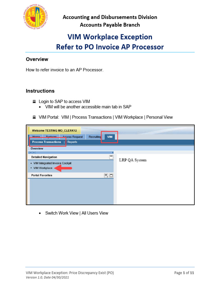 VIM Workplace Invoice Processing Guide | PDF | Accounts Payable | Computing
