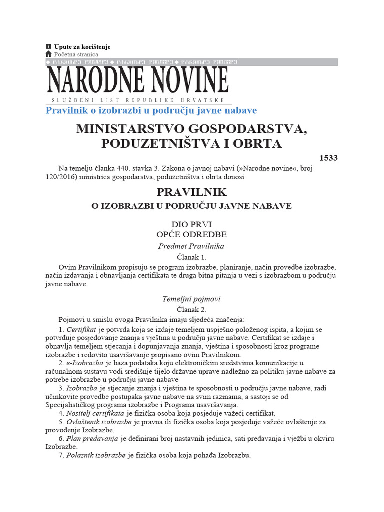 Ministarstvo Gospodarstva, Poduzetništva I Obrta: Pravilnik | PDF
