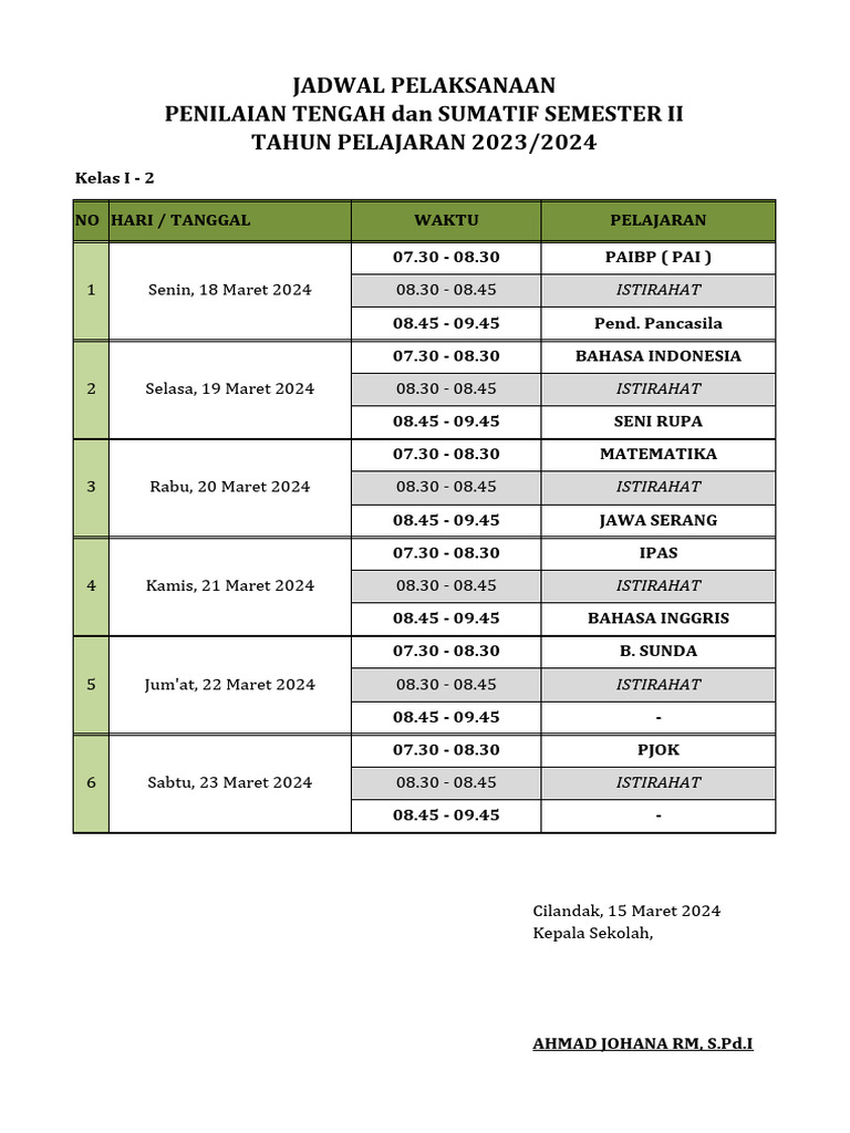 Jadwal Pts Ganjil 2023-2024 | PDF