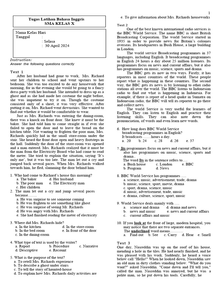 Soal Latihan Uts Sma Kelas X Bahasa Ingg | PDF