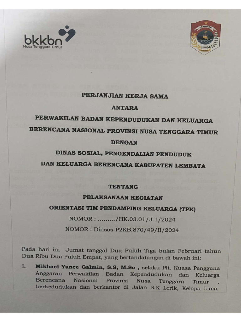 Perjanjian Kerja Sama OPD KB dan BKKBN PROV NTT | PDF