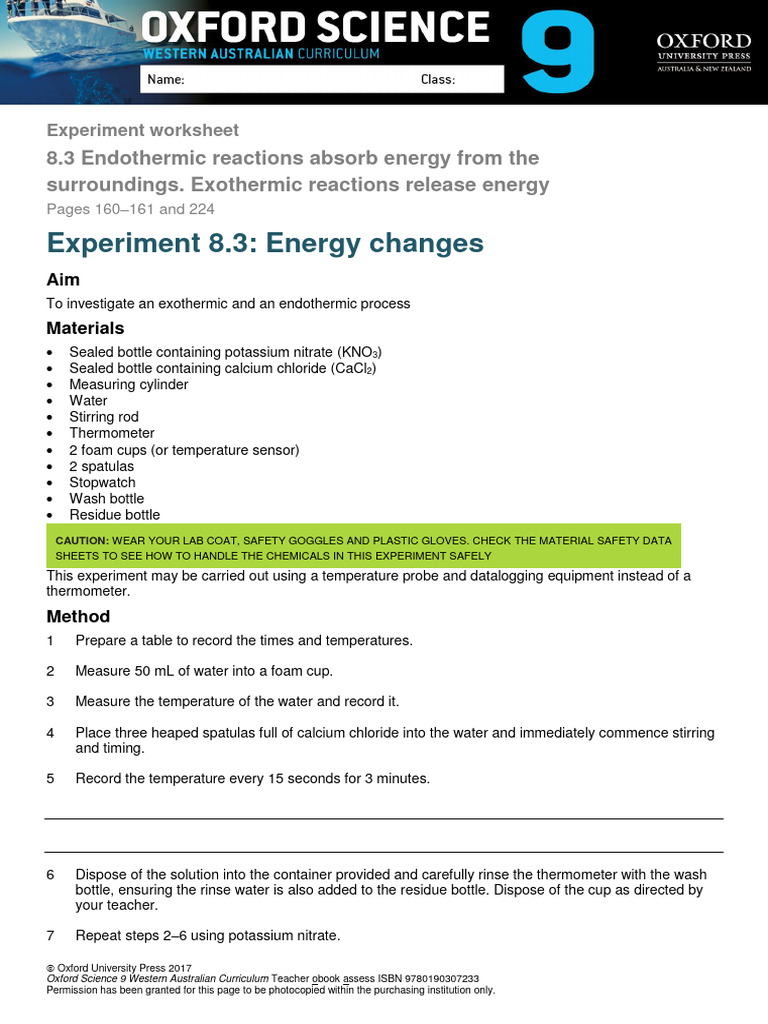 SCI9WA+8 3+experiment+worksheet | PDF | Chemical Reactions | Water