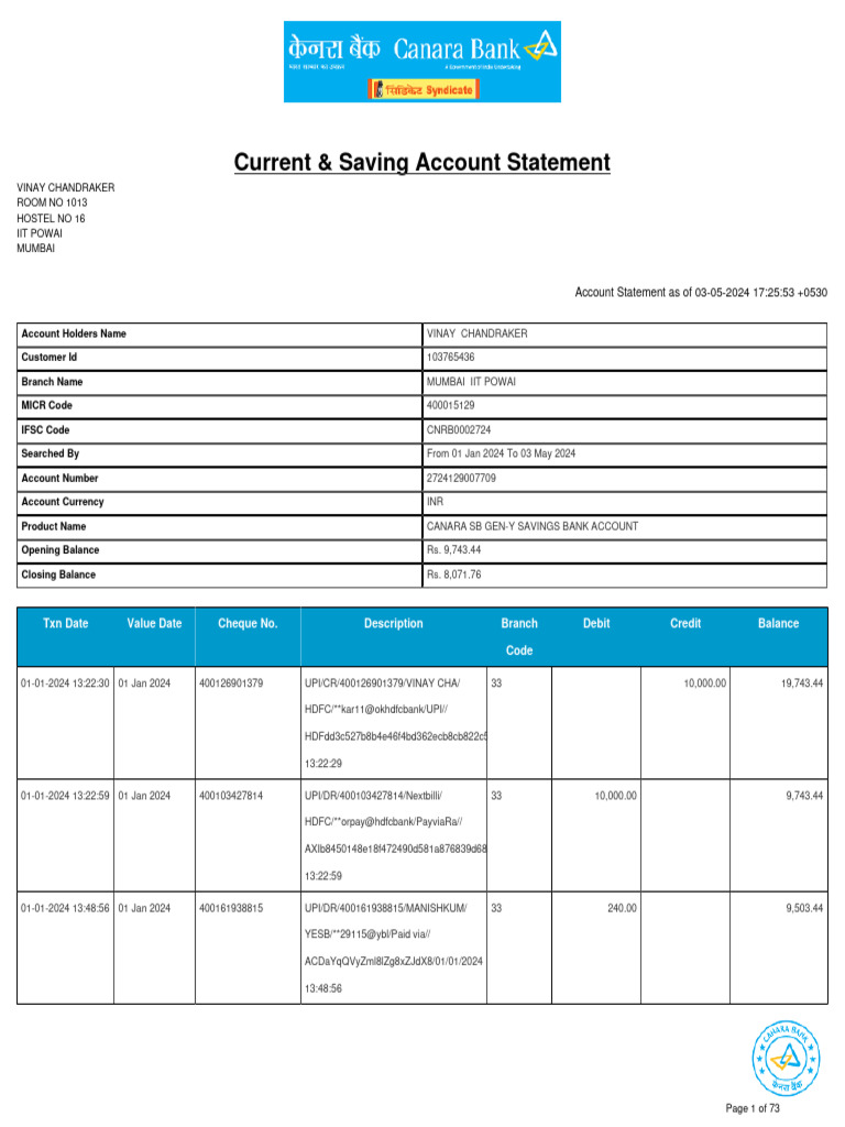 Current Savings Account Statement | PDF | Payments | Debits And Credits