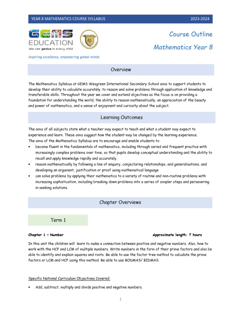 Y8 Maths Syllabus Overview 2023-2024 | Download Free PDF | Ratio ...