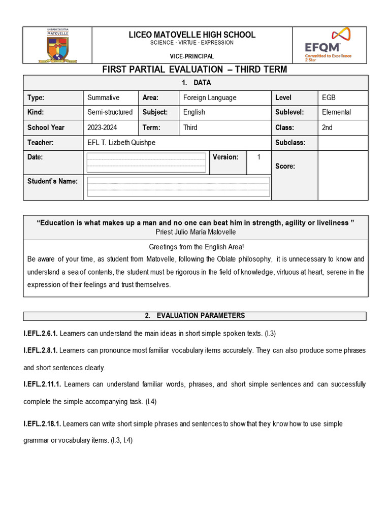 Third Term - First Partial Evaluation 2nd Adaptación | PDF | English As A Second Or Foreign ...