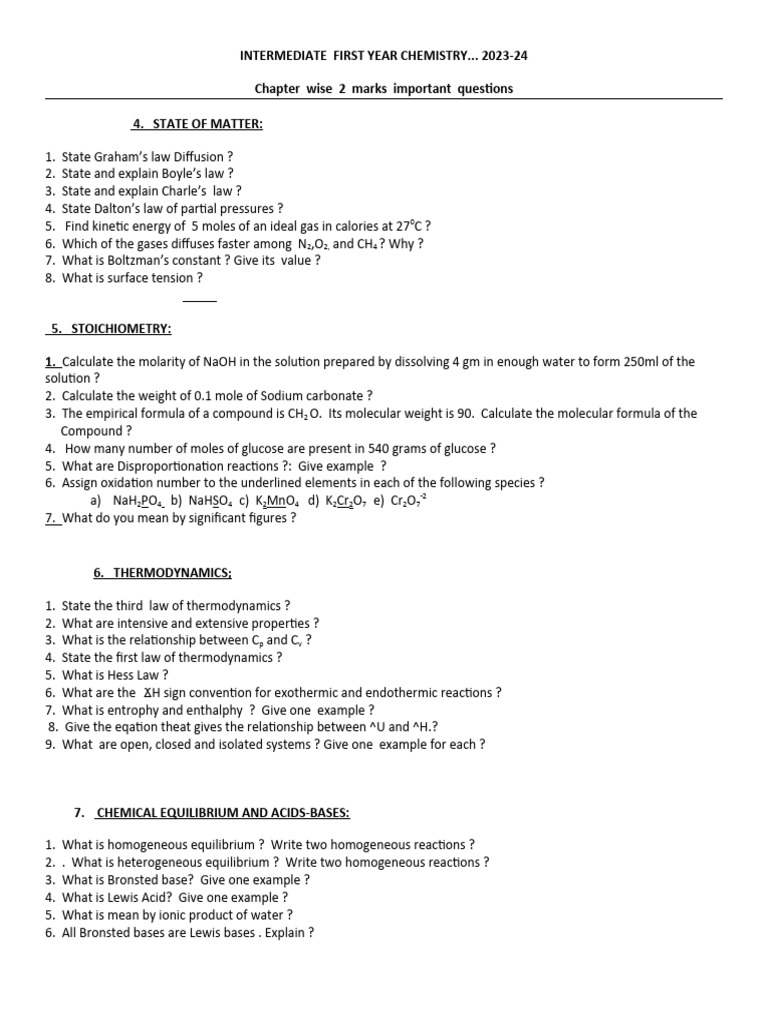 First Yeat EM IMP Questions 23-24 | PDF | Chemical Reactions | Molecules