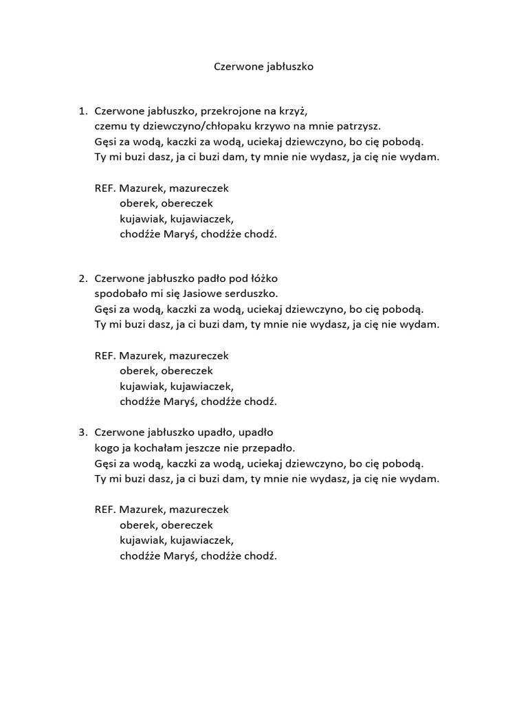 Tekst Piosenki Czerwone Jabłuszko | PDF