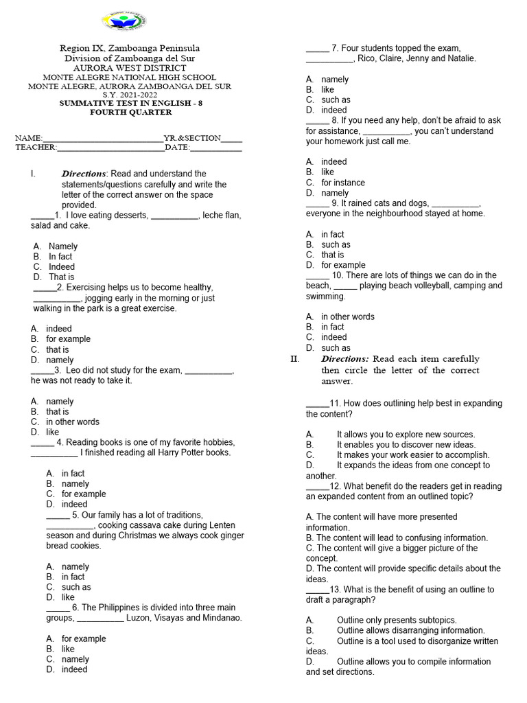 Summative-First Quarter G8 English 2021-22 | PDF | Information | Mahatma Gandhi