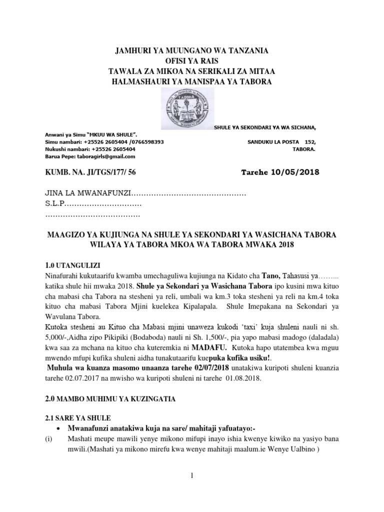 Tabora Girls Secondary School Joining Instruction | PDF