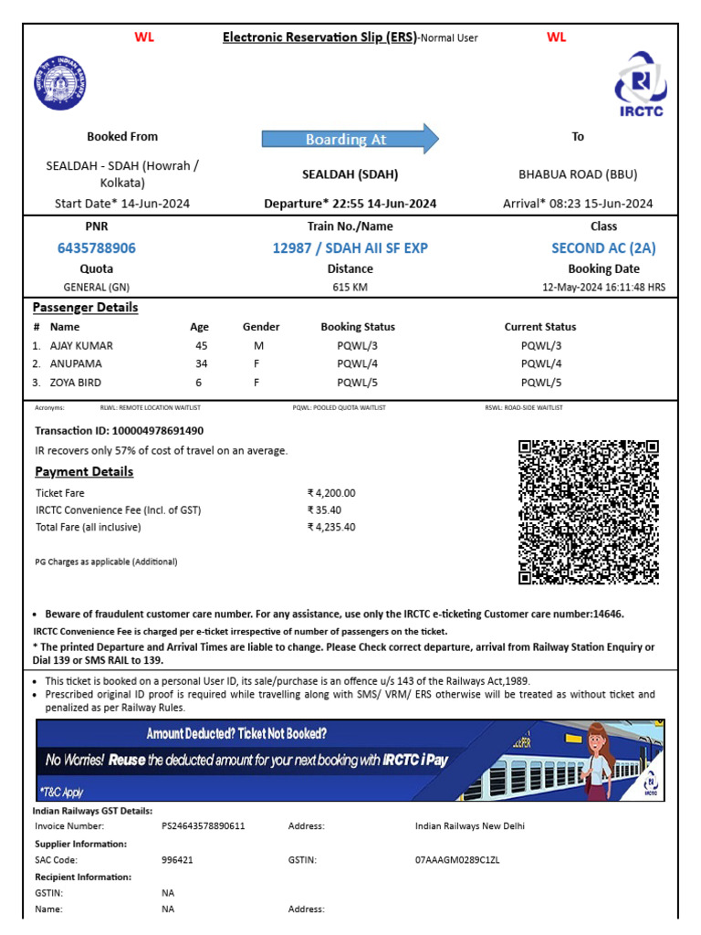 Sdah Aii SF Exp Second Ac (2A) : WL WL | PDF | Identity Document