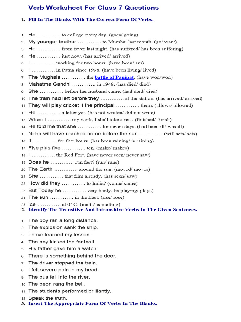 Verb Worksheet For Class 7 Questions Pdf Verb Grammar 