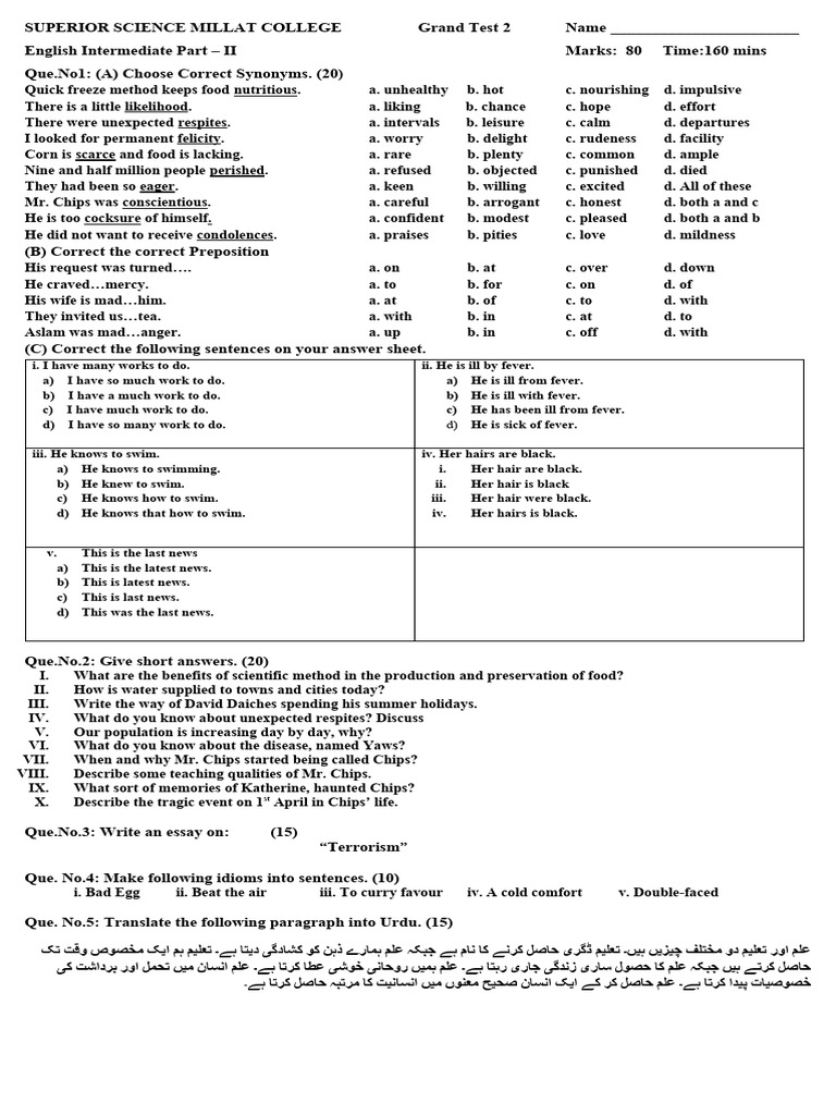 2nd Year, Grand Test No 2, 2024 | PDF | Language Arts & Discipline ...