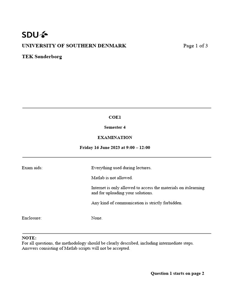 COE1 - Examination Task - June 2023 | PDF | Control Theory | Applied ...