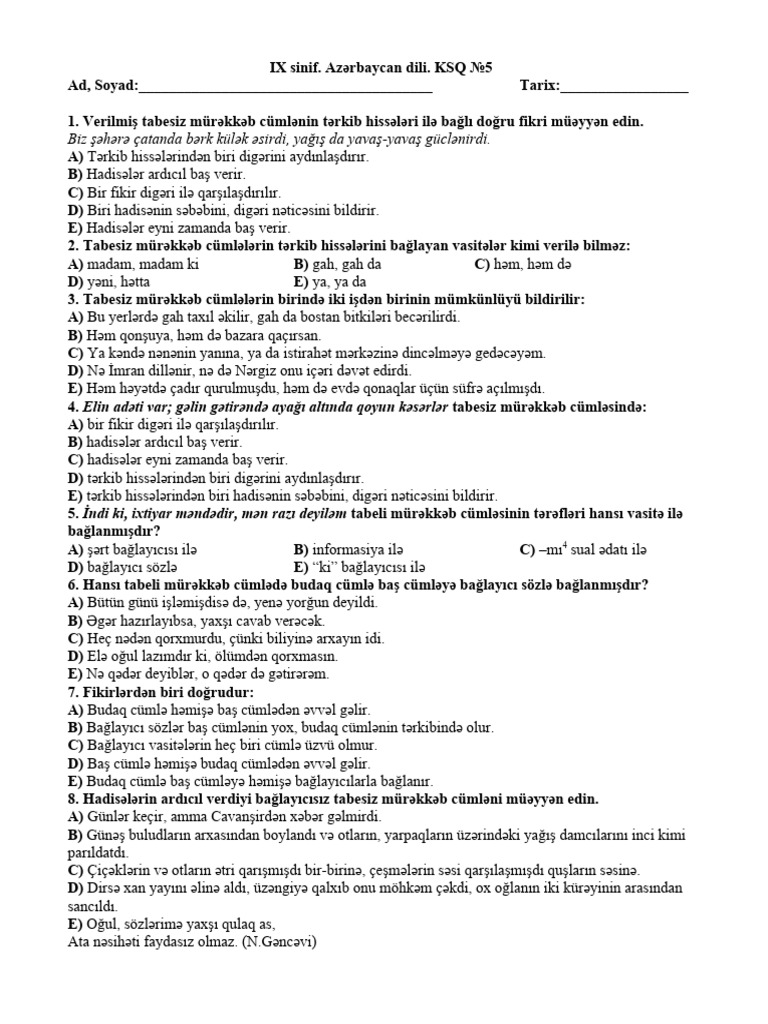 9-cu sinif Azərbaycan dili ksq5 | PDF