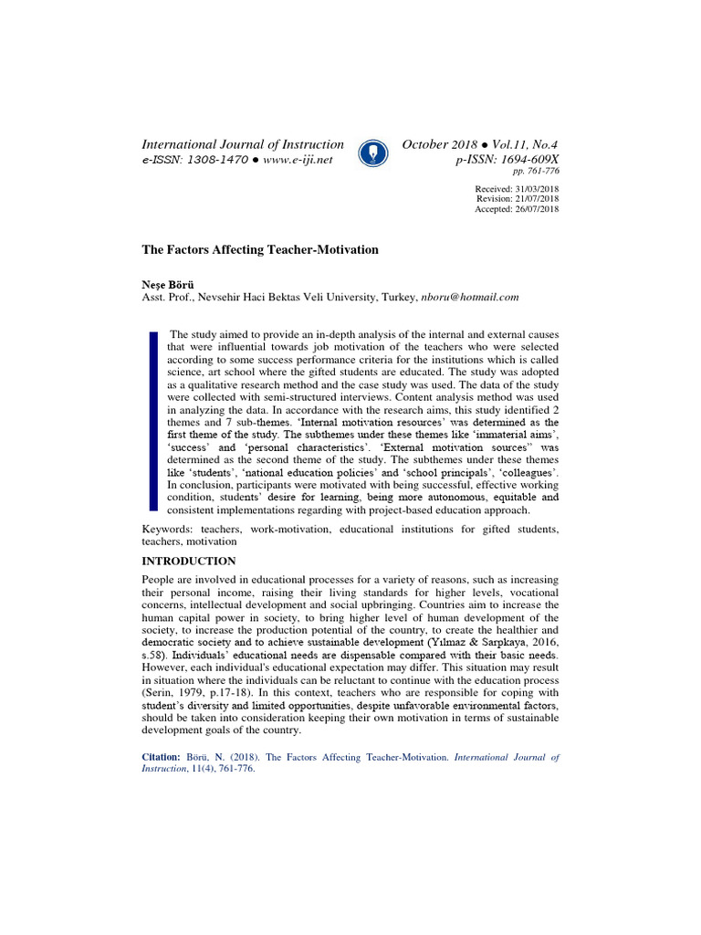 The Factors Affecting Teacher-Motivation | PDF | Motivation | Motivational