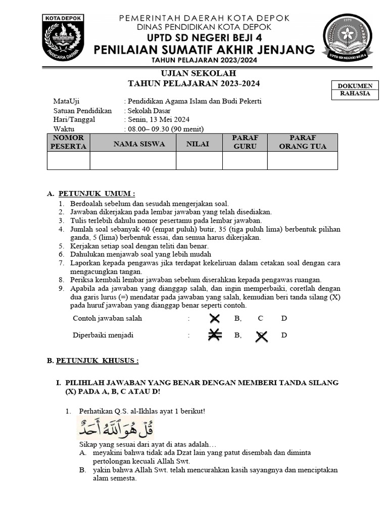 Soal US PAI Kelas 6 2024 | PDF