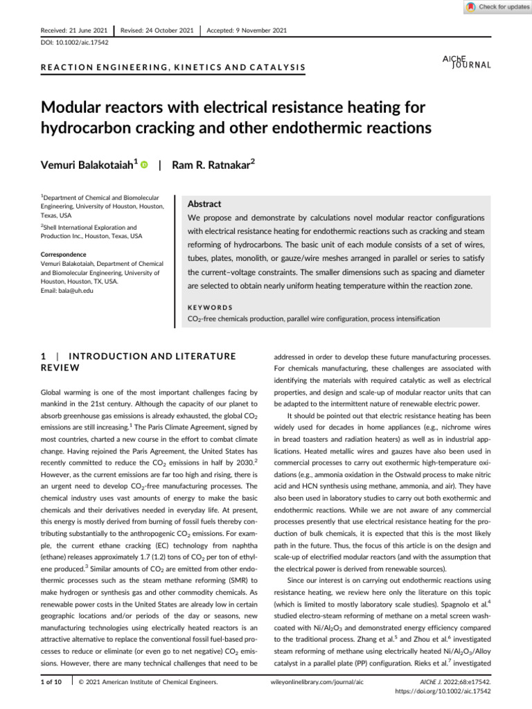 AIChE Journal - 2021 - Balakotaiah - Modular Reactors With Electrical Resistance Heating For ...