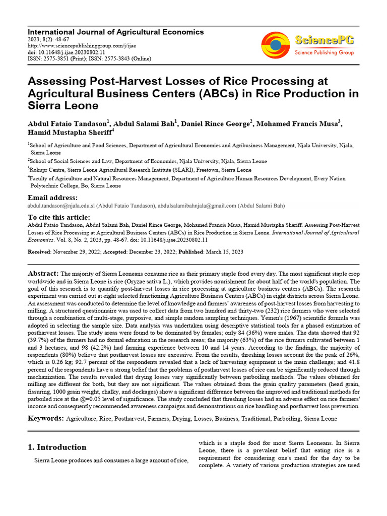Assessing Post-Harvest Losses of Rice Processing at Agricultural Business Centers (ABCs) in Rice ...