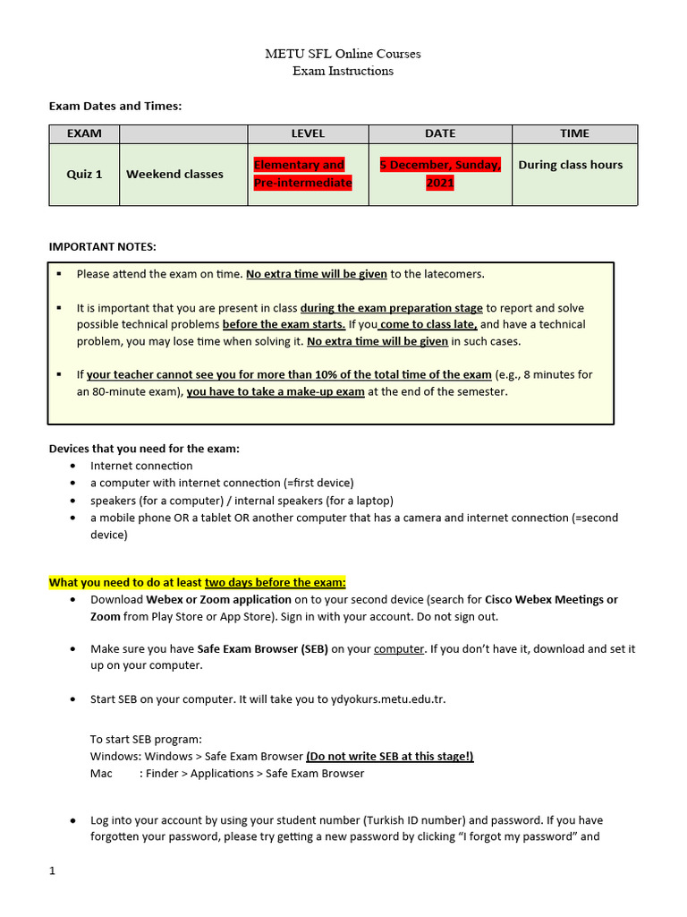 METU SFL Online Exam Instructions | PDF | Password | Information Appliances