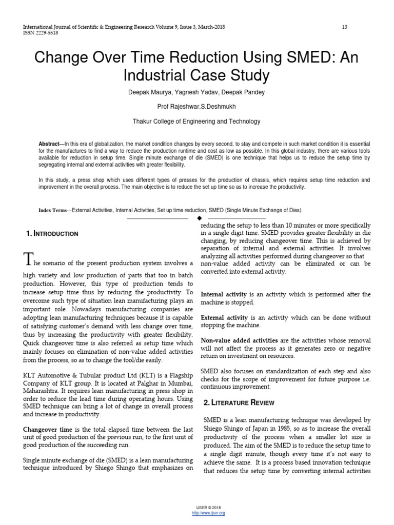 Change Over Time Reduction Using SMED An Industrial Case Study | PDF ...