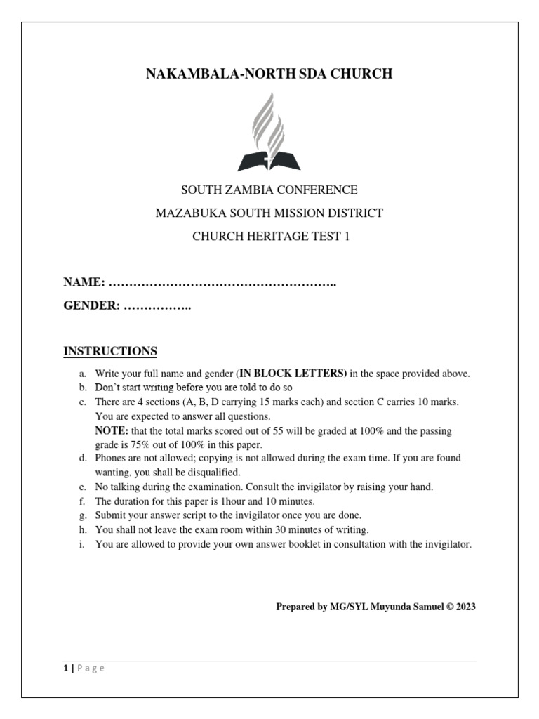 Church Heritage Test for SDA Members | PDF | Seventh Day Adventist ...