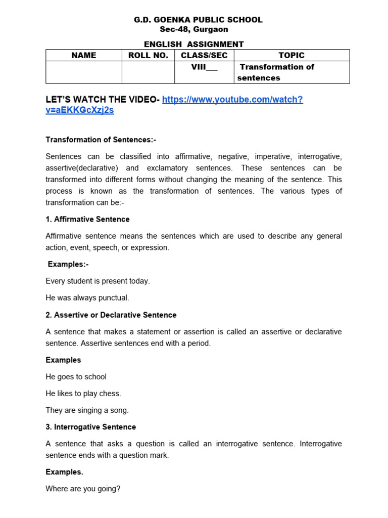 RULES - Transformation of Sentences | PDF | Verb | Subject (Grammar)