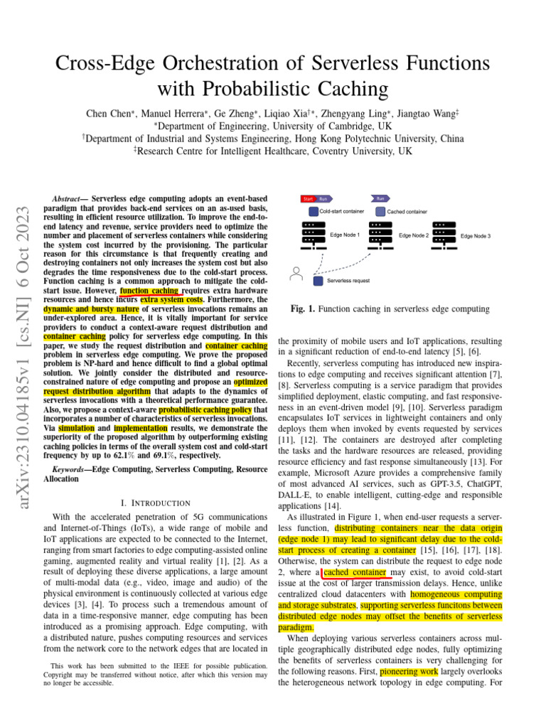 Cross-Edge Orchestration of Serverless Functions With Probabilistic Caching | PDF | Cache ...