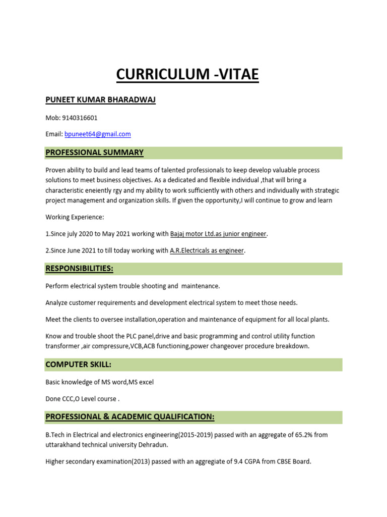 Puneet Kumar Bharadwaj CV | PDF
