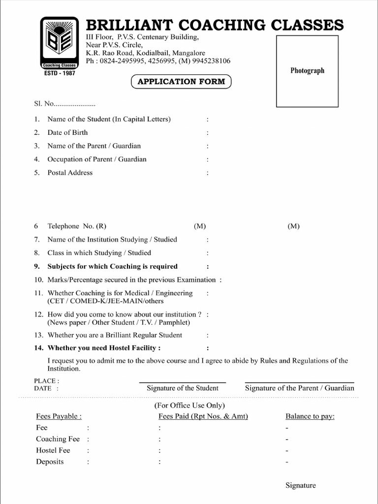 Brilliant Coaching Classes Application Form | PDF