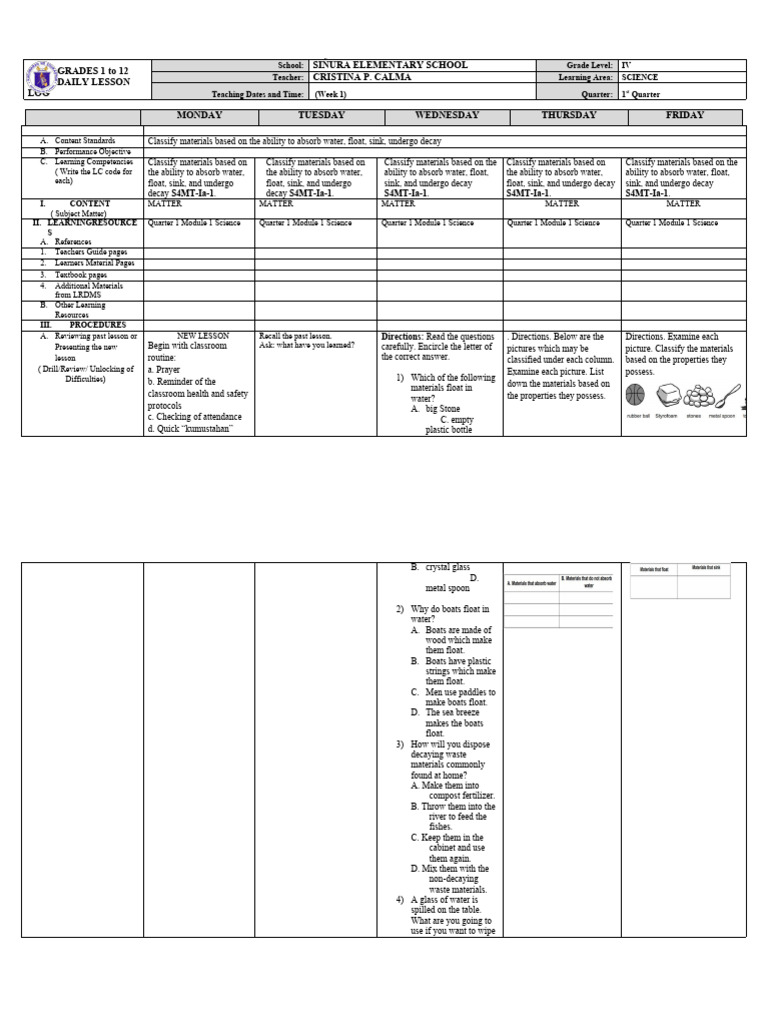 Grade 4 Science Daily Lesson Log | PDF | Water | Density