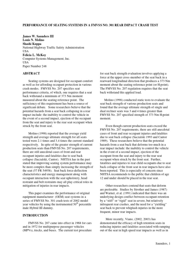 NHTSA 18th ESV FMVSS 301 Paper 2003 | PDF | Traffic Collision ...