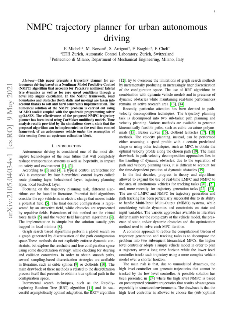 NMPC Trajectory Planner For Urban Autonomous Drivi | PDF | Mathematical Optimization | Kinematics