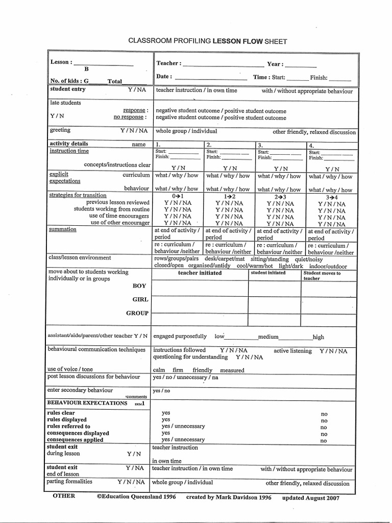 Classroom Profiling Lesson Flow Sheet | PDF