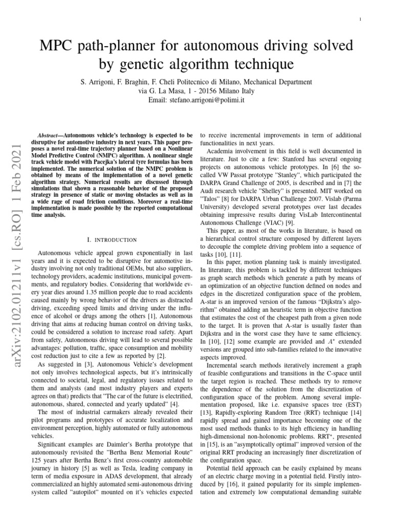 Mpc Path Planner For Autonomous Driving Solved By Pdf Mathematical Optimization